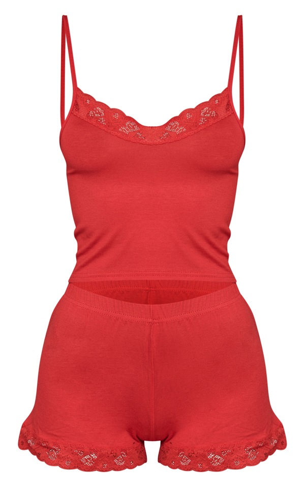 Red Jersey Lace Trim Short PJ Set | Lingerie & Nightwear | PLT