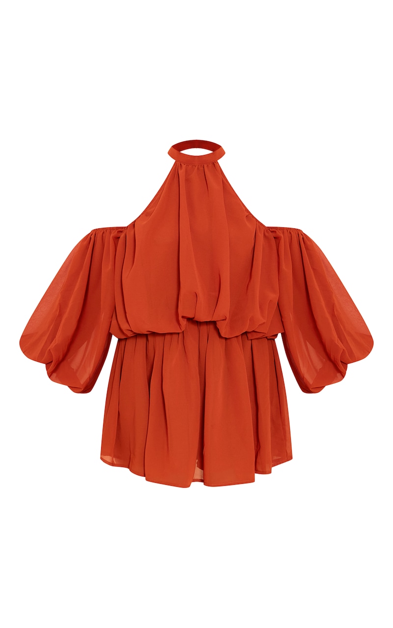Rust Chiffon Ruffle Off Shoulder Playsuit | Dresses | PLT