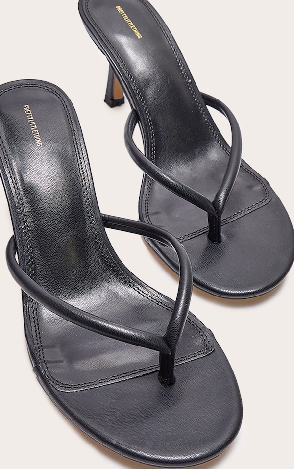 Black Pu Toe Thong Heeled Mules | Footwear | PLT