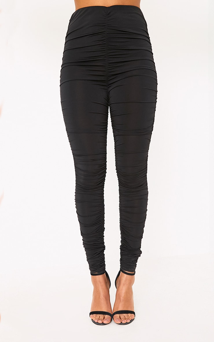 Black Slinky Ruched Skinny Trousers | Shop Trousers | PrettyLittleThing