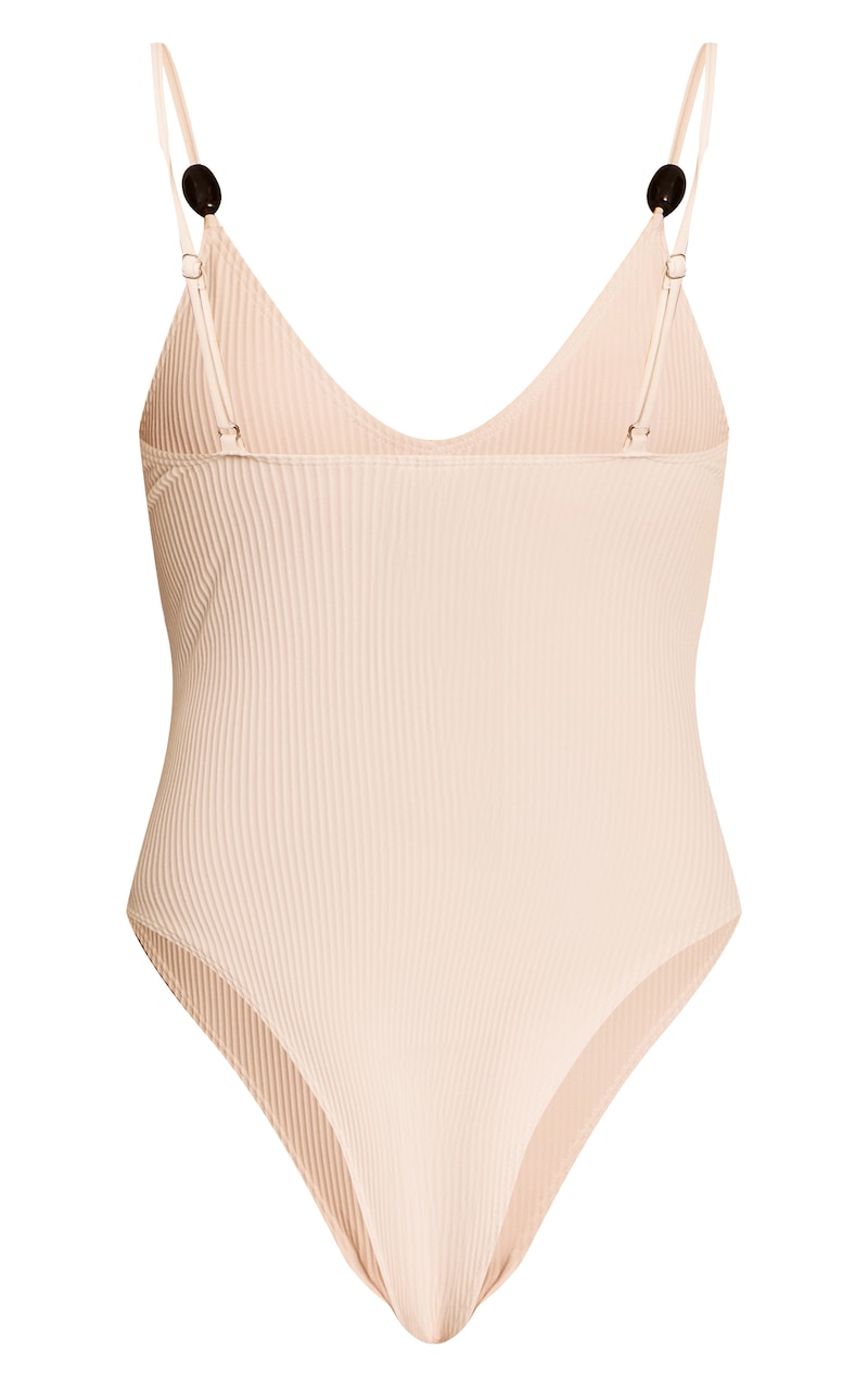 Ivory Ribbed Bead Trim Scoop Backless Swimsuit | Swimwear | PLT USA