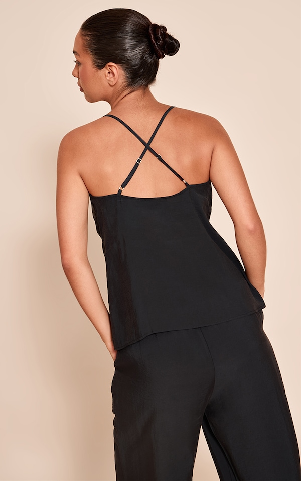 Black Woven Tie Front Floaty Cami Top | Co-ords | PrettyLittleThing AUS