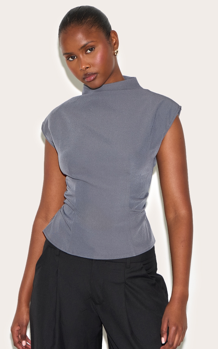 Charcoal Ruched Woven Shoulder Pad Top | Tops | PrettyLittleThing AUS