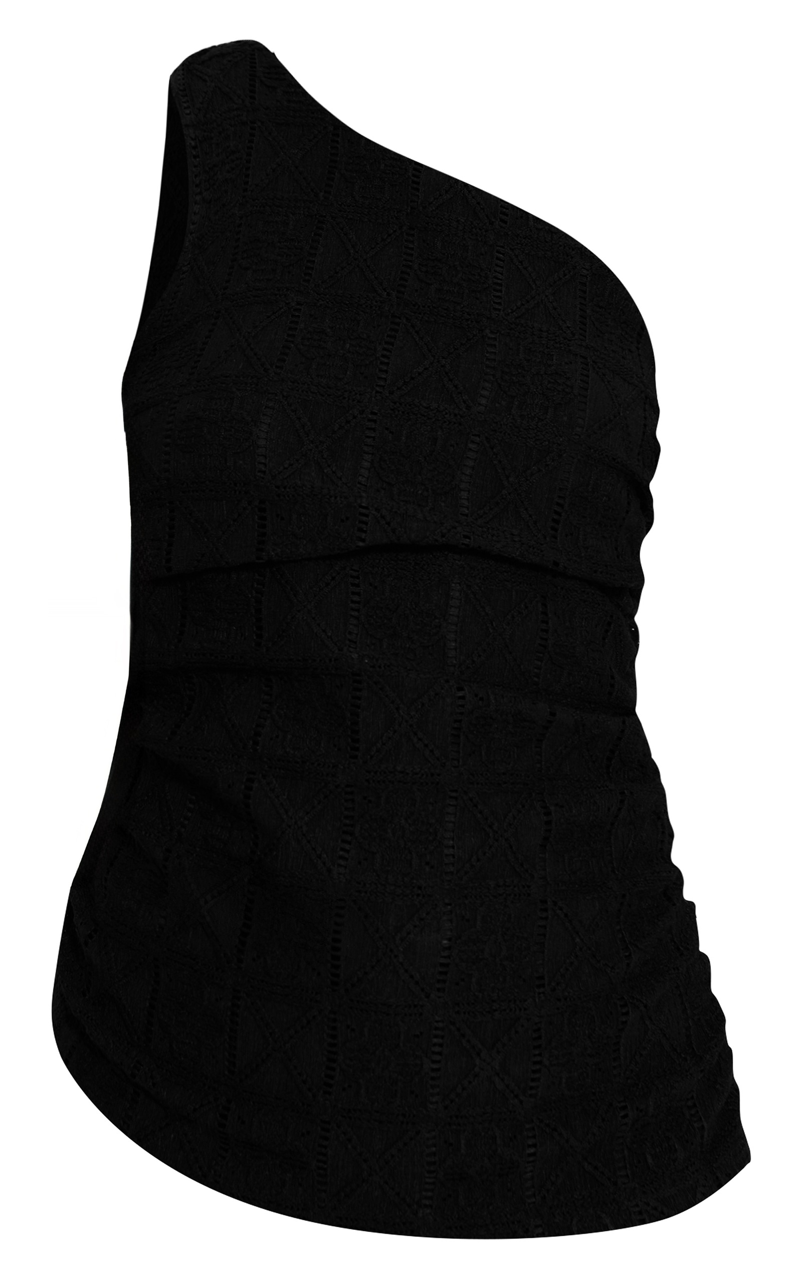 Black Crochet Textured One Shoulder Ruched Top | Tops | PLT