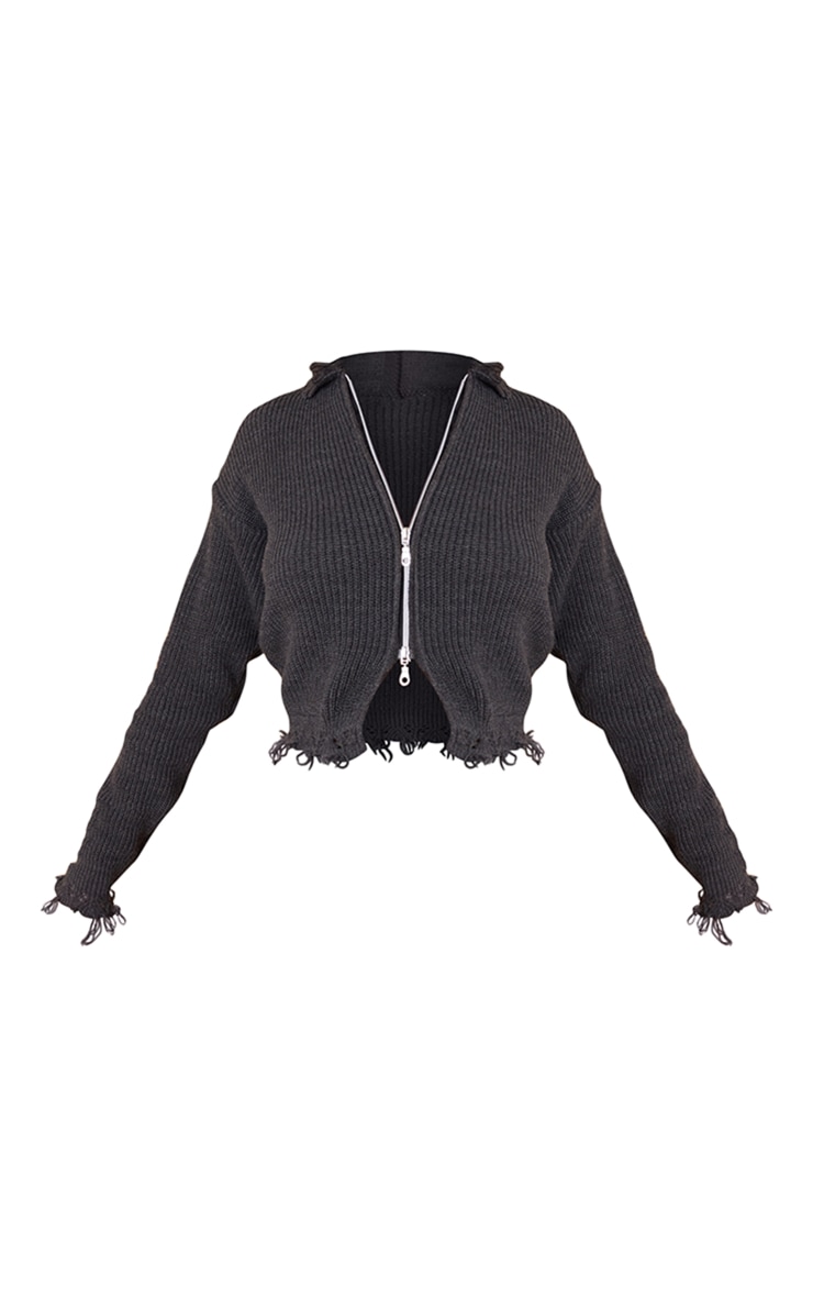 Tall Charcoal Knitted Distressed Cardigan | Tall | PrettyLittleThing USA