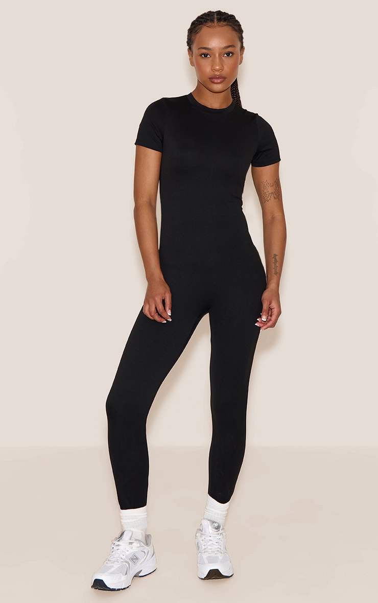 Petite Black Short Sleeved Sculpt Unitard | Petite | PrettyLittleThing KSA