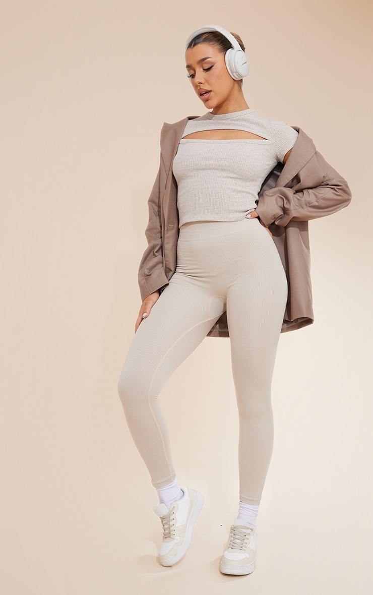 Oatmeal Rib Cut Out Front Short Sleeve Top | PrettyLittleThing AUS