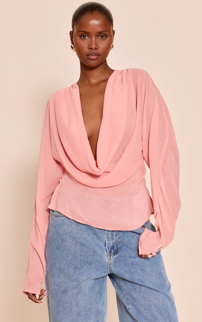 Peach Chiffon Col Bénitier Manches Longues Blouse | Tops ...