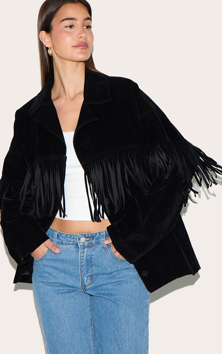 Black Faux Suede Heavy Fringed Jacket | Outerwear | PrettyLittleThing USA