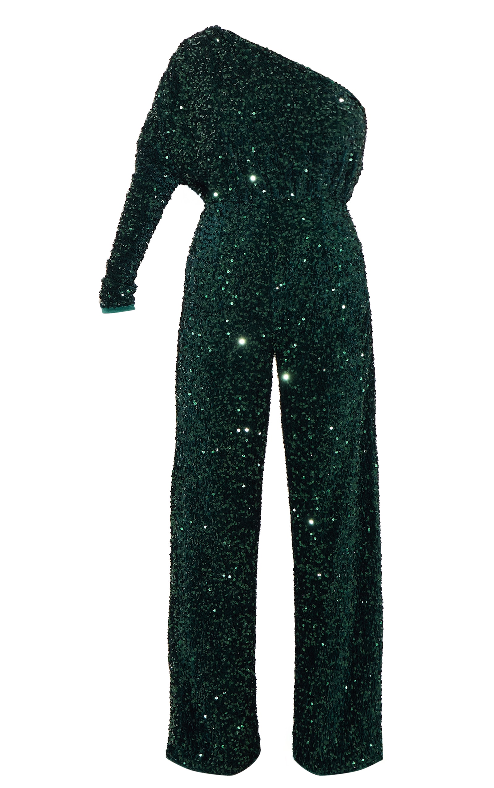 Emerald Green Velvet Sequin One Shoulder Jumpsuit | Dresses | PLT USA