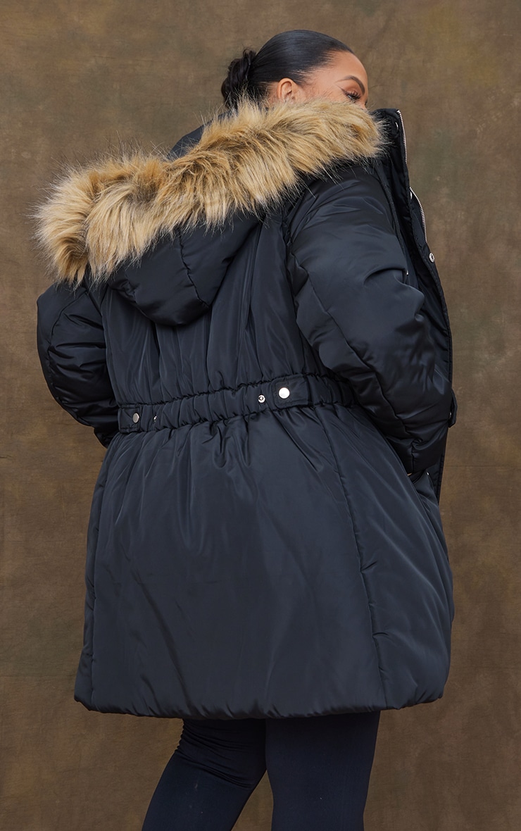 Plus Black Fur Hood Elasticated Waist Longline Parka Coat | Plus Size ...