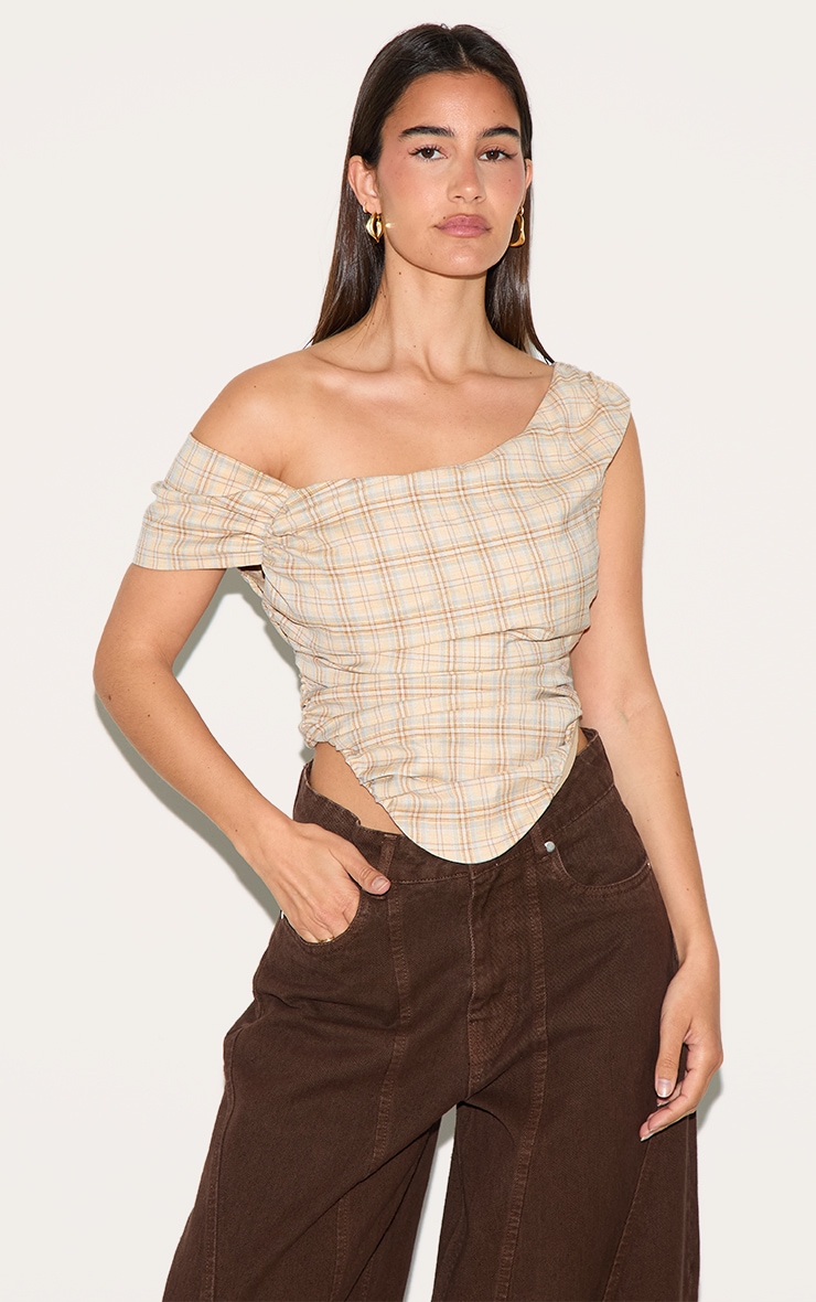 Beige Asymmetric Check Print Bardot Top | Tops | PLT USA