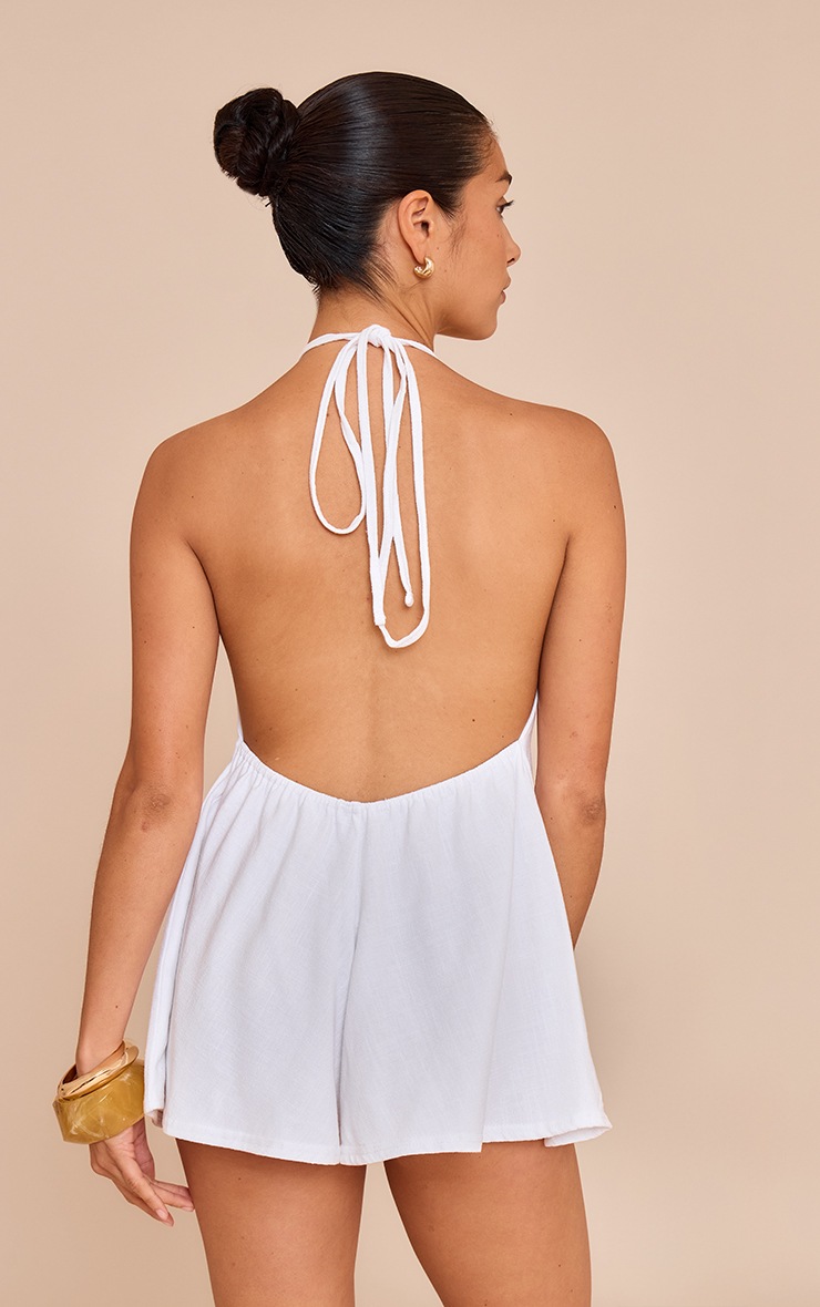 Petite White Linen Look Halterneck Floaty Playsuit | Petite | PLT