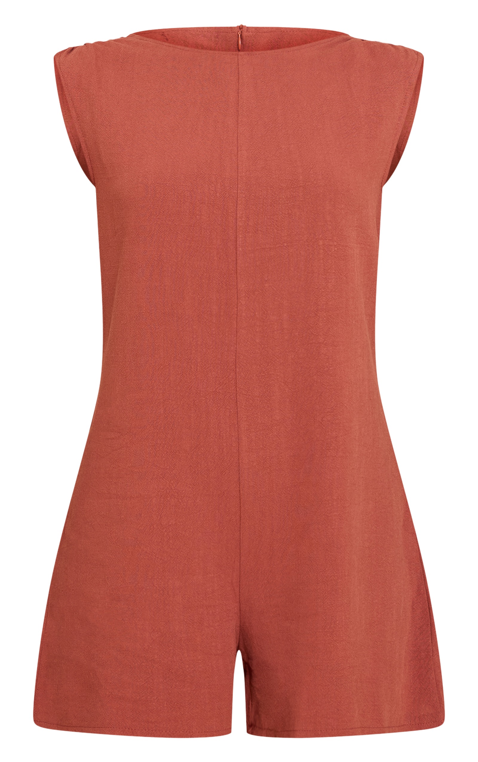 Rust Linen Blend Slouchy Boat Neck Romper | Dresses | PLT USA