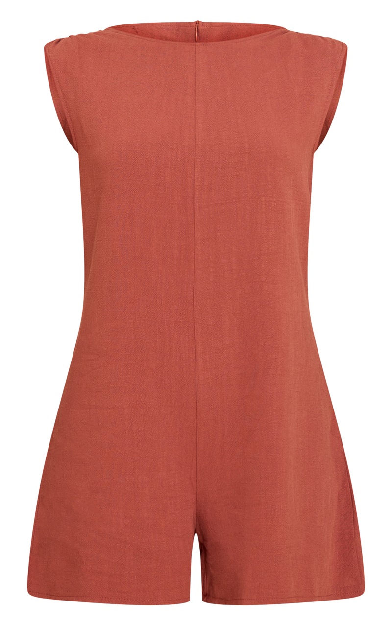 Rust Linen Blend Slouchy Boat Neck Romper | Dresses | PLT USA