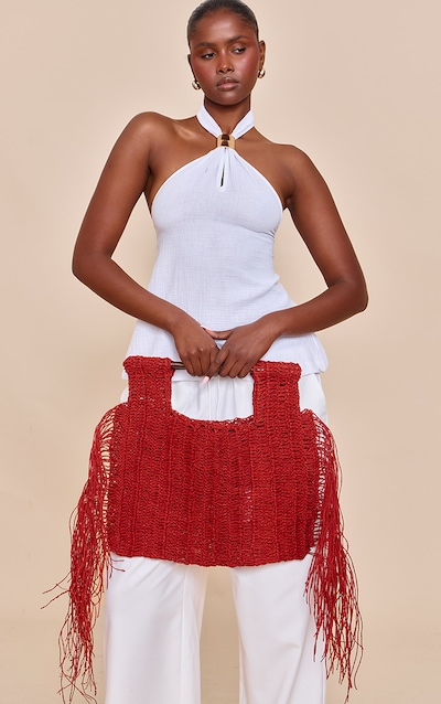 Rust Fringed Raffia Wooden Handle Beach Grab Bag | Accessories ...