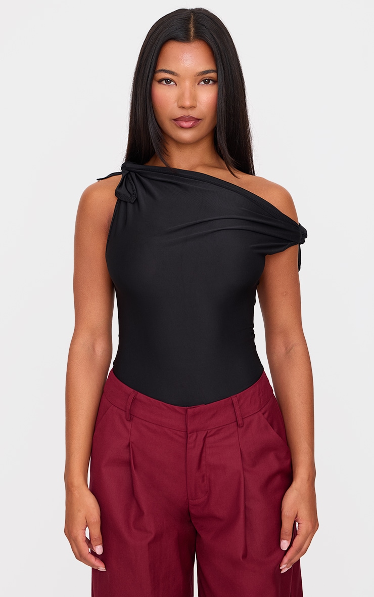 Black Slinky Tie Shoulder Asymmetric Bodysuit | Tops | PLT USA