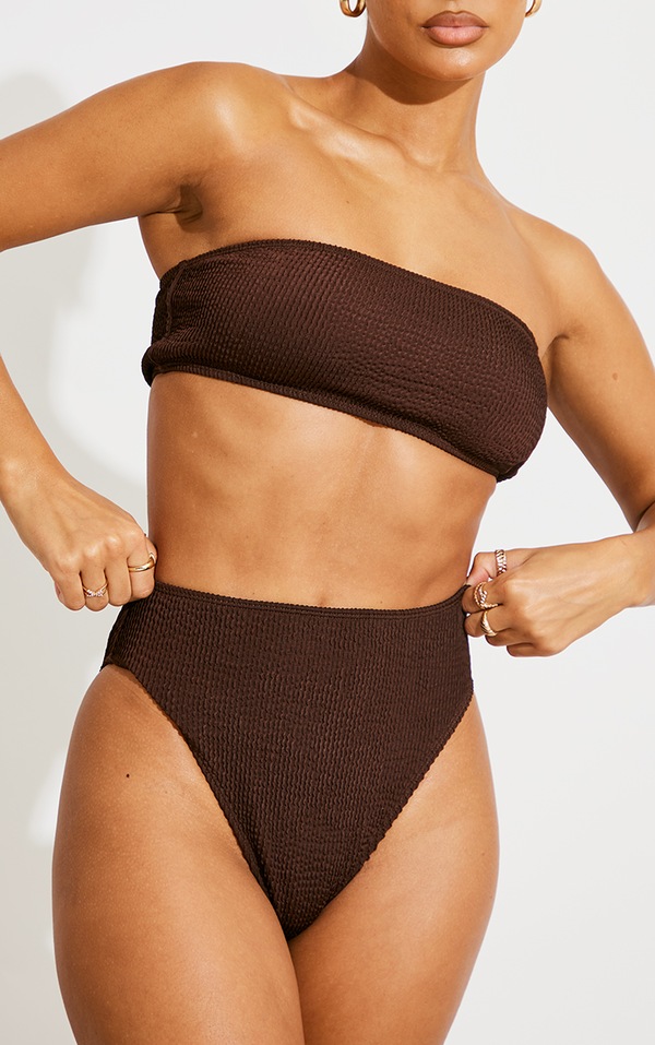 Chocolate Mix & Match Crinkle Bandeau Bikini Top | PrettyLittleThing