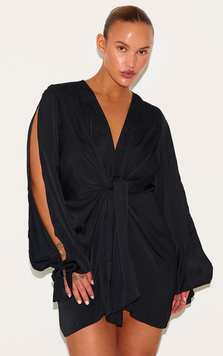 Plus Black Satin Twist Open Sleeve Wrap Dress | Plus Size ...