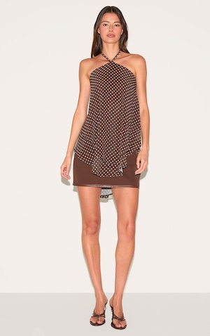 Brown Polka Dot Floaty Chiffon Halterneck Long Top | Tops ...