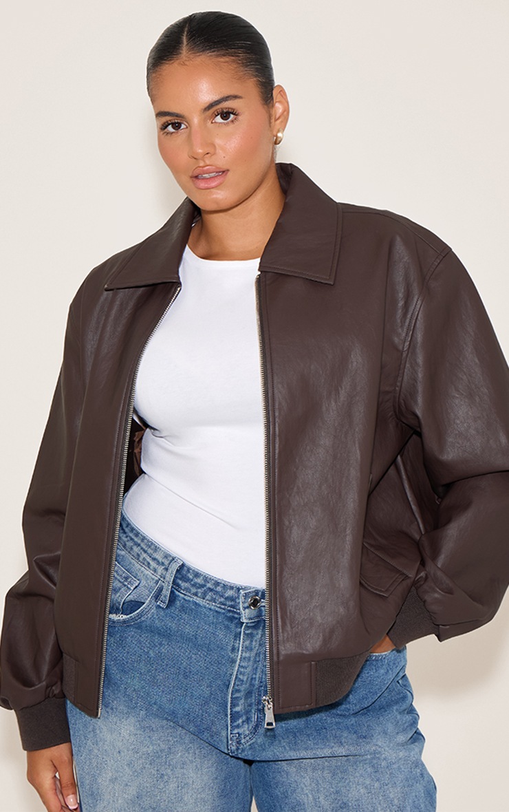 Plus Dark Chocolate Faux Leather Bomber Jacket | Plus Size | PLT
