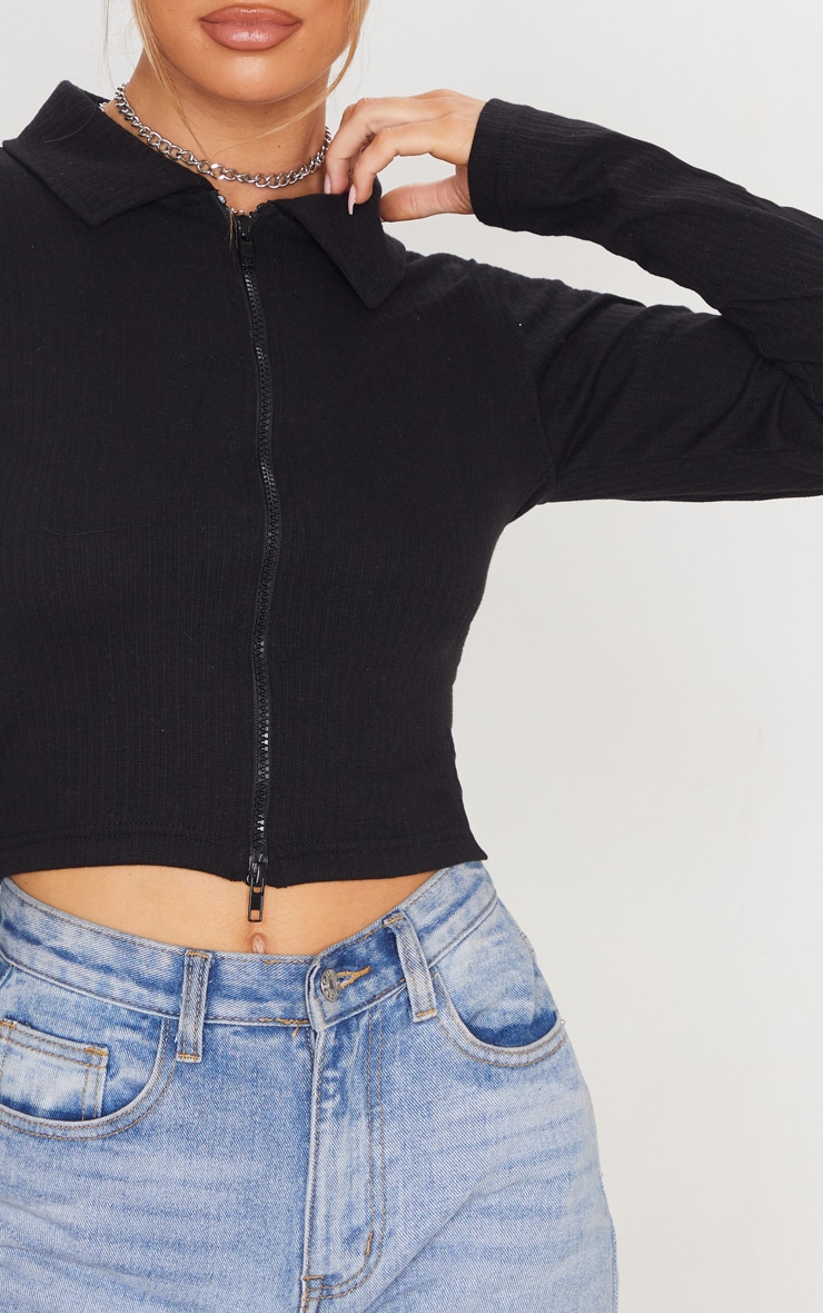 Black Jumbo Rib Collar Double Zip Top | Tops | PrettyLittleThing USA