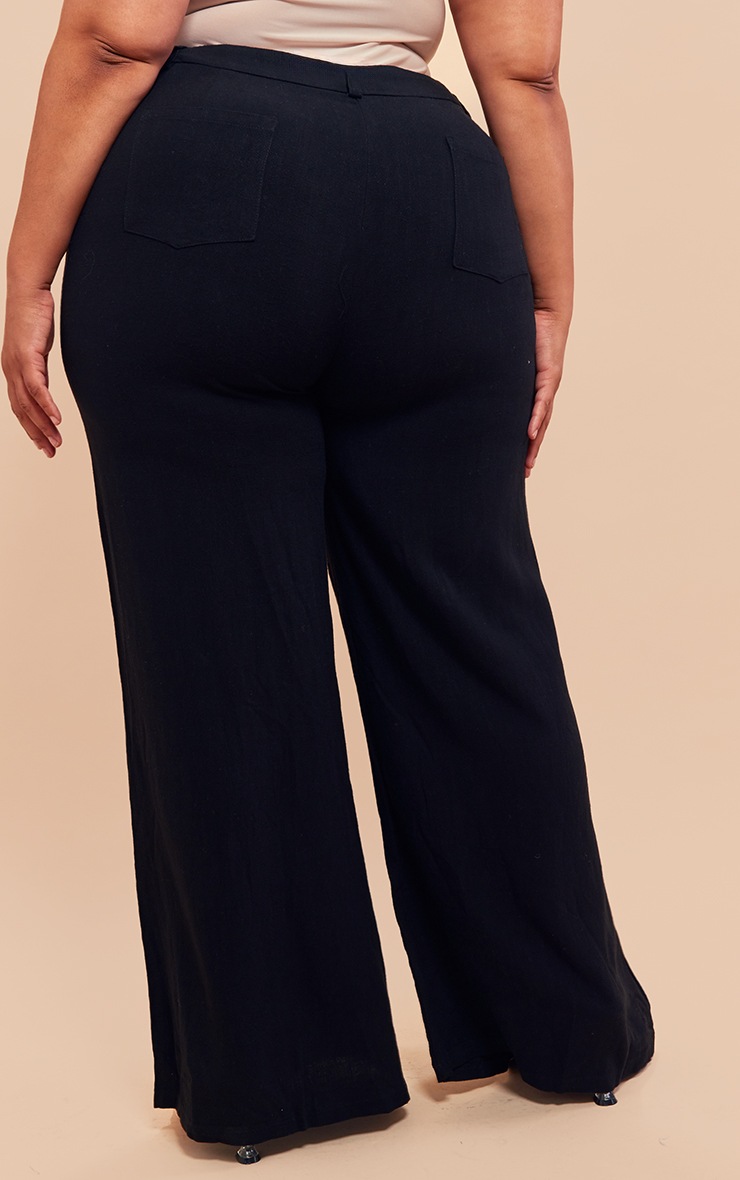Plus Black Linen Slouchy Fit Wide Leg Trousers | Plus Size | PLT