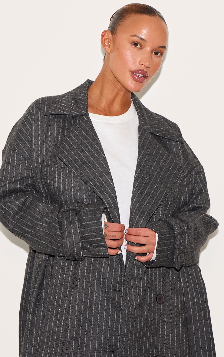 Plus Charcoal Pinstripe Wool Double Breasted Belted Coat | Plus Size | PLT