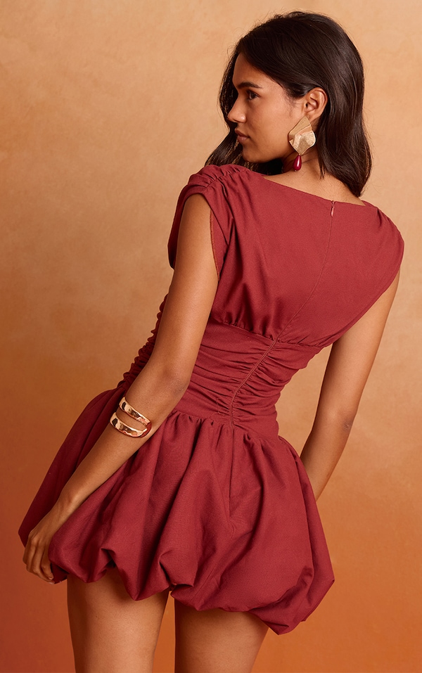 Deep Red Boat Neck Ruched Detail Puffball Dress | Dresses ...