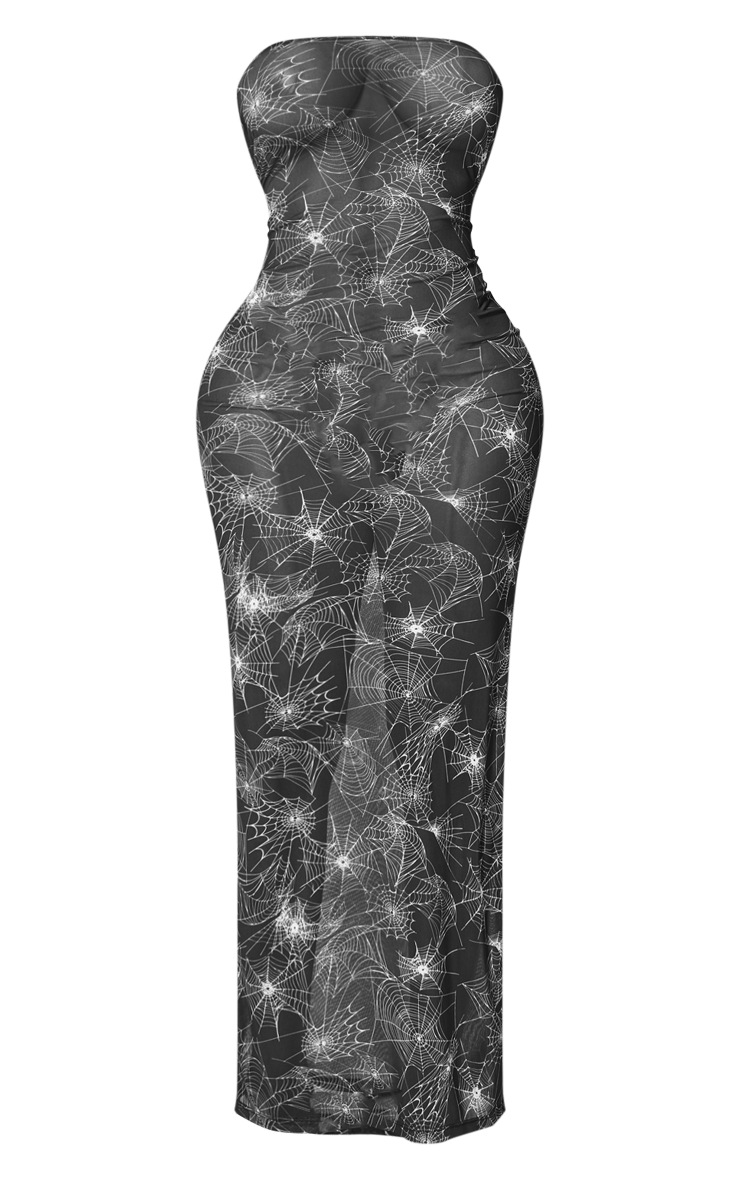Shape Black Cobweb Printed Mesh Bandeau Maxi Dress Prettylittlething Ksa