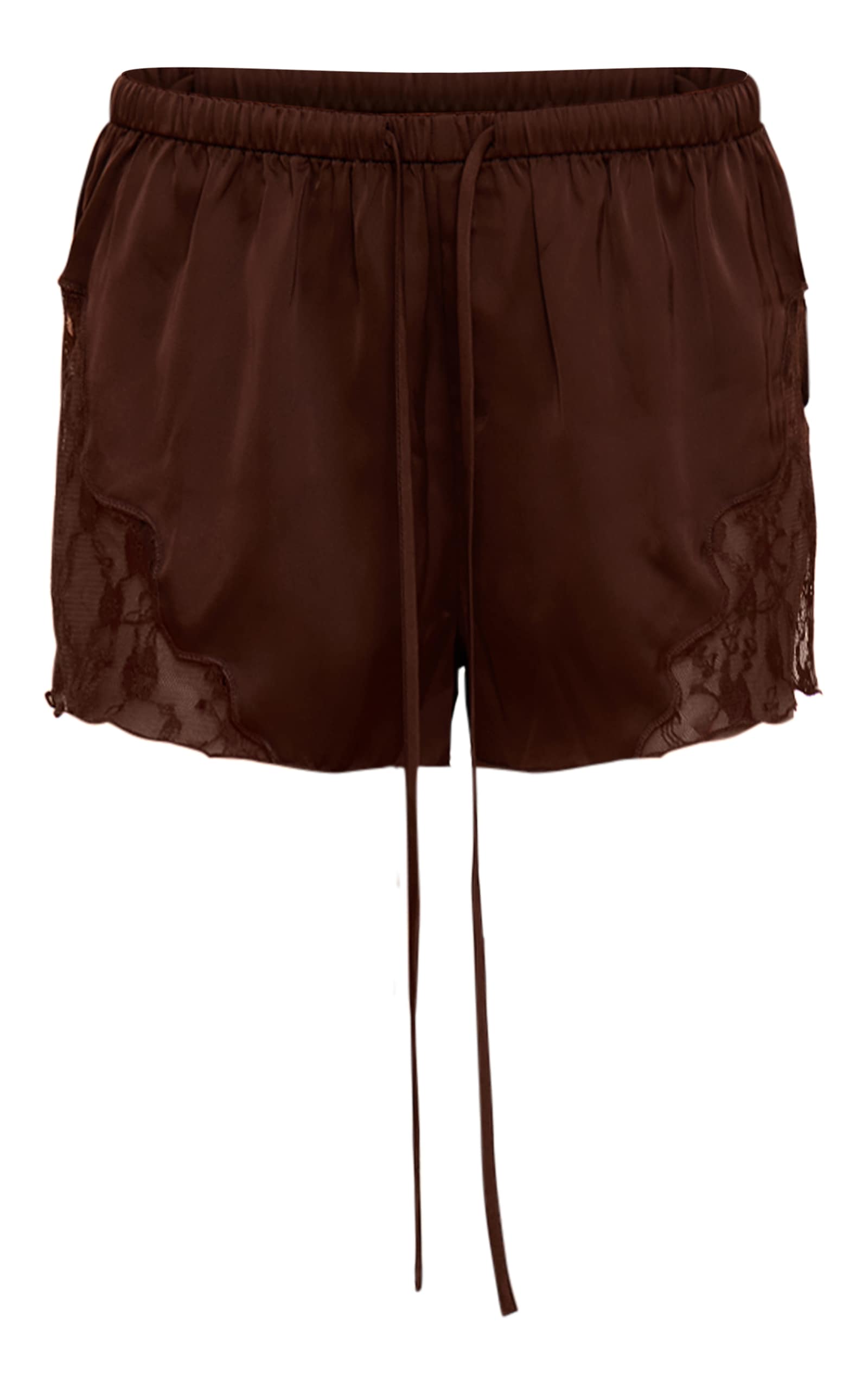 Chocolate Satin Lace Drawstring Shorts | Bottoms | PrettyLittleThing USA