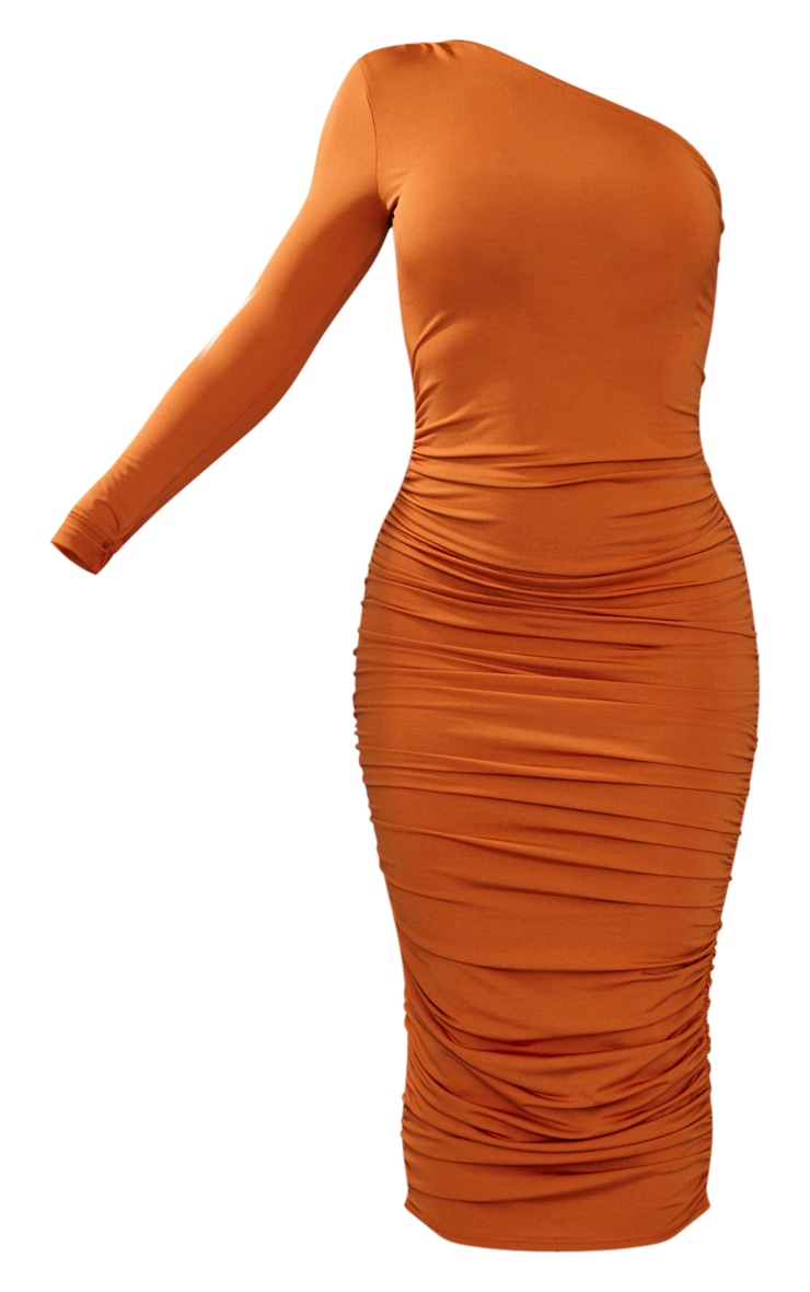Rust Slinky One Shoulder Ruched Midi Dress | PrettyLittleThing USA