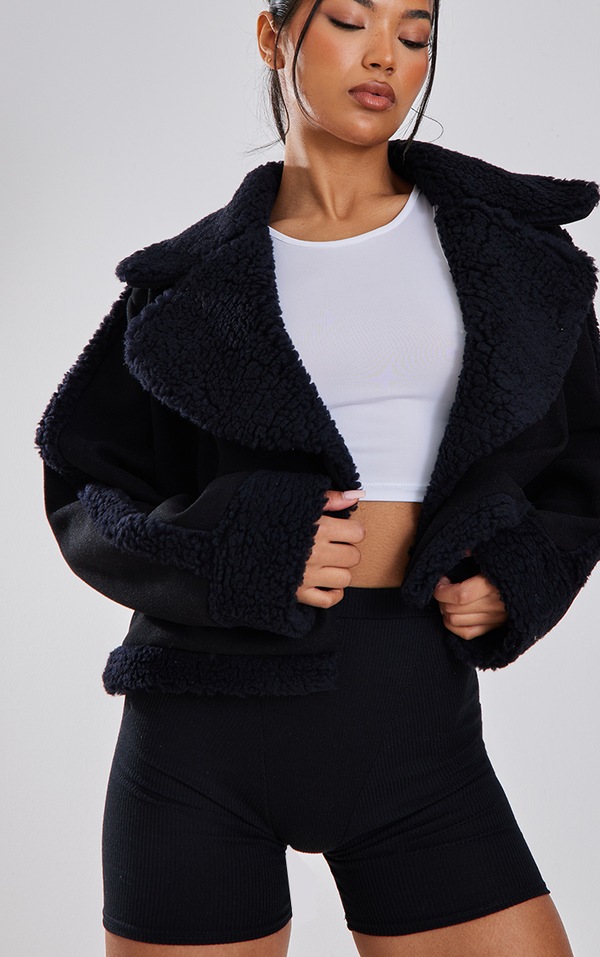 Black Borg Detail Wool Look Cropped Aviator | Outerwear | PLT