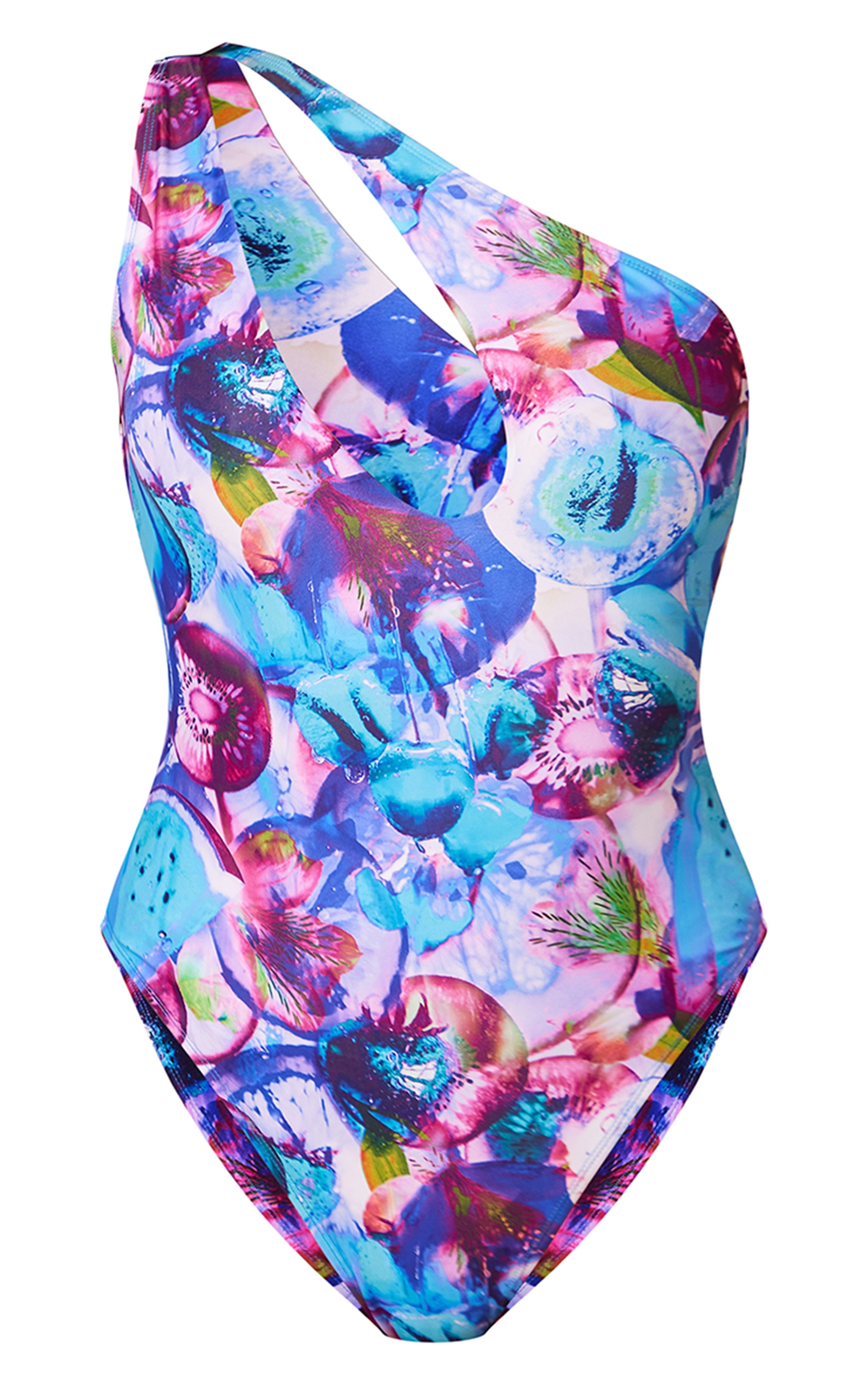 Blue Blurred Fruit One Shoulder Cut Out Swimsuit | PrettyLittleThing