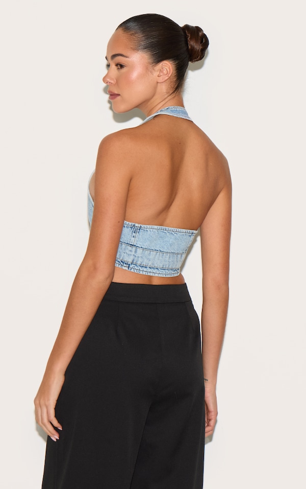 Light Blue Wash Buckle Front Denim Halterneck Top | Denim | PLT USA