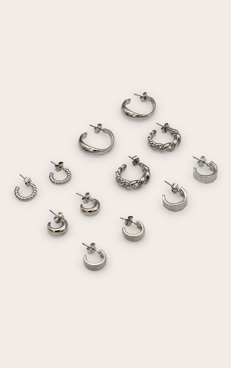 Silver Assorted Textured Small Multipack Hoop Earrings | Accessories | PrettyLittleThing QA