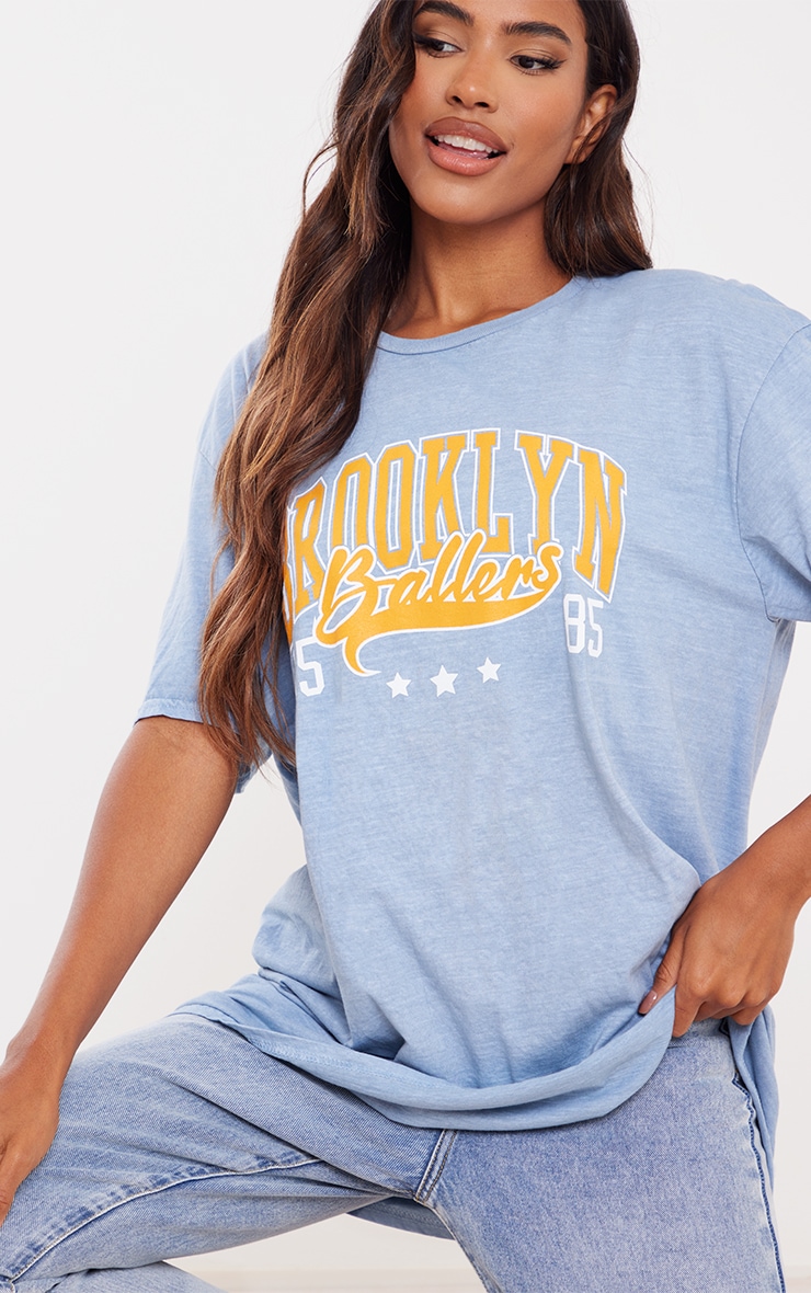 Blue Brooklyn Varsity Print Washed T Shirt | PrettyLittleThing