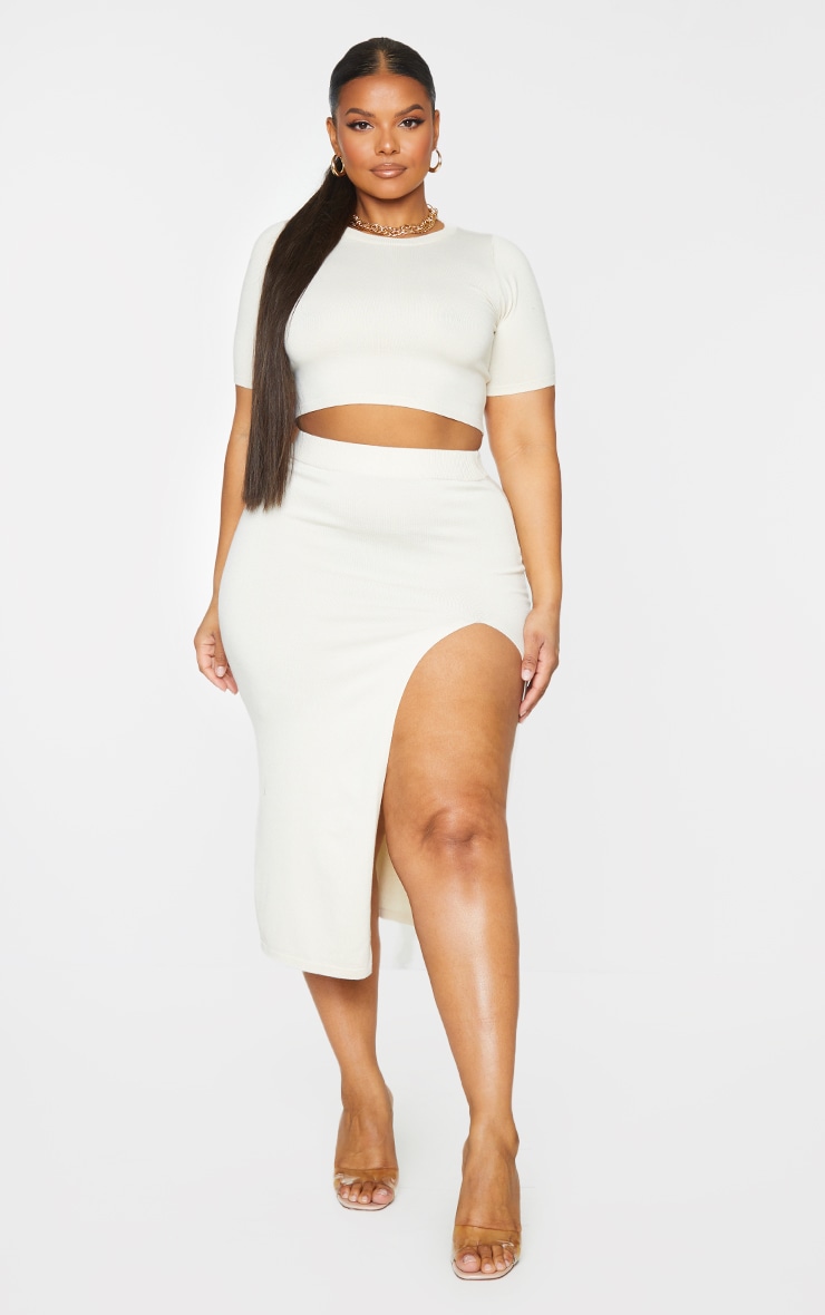 Plus Cream Fine Knit Cropped T Shirt | Plus Size | PLT IRE