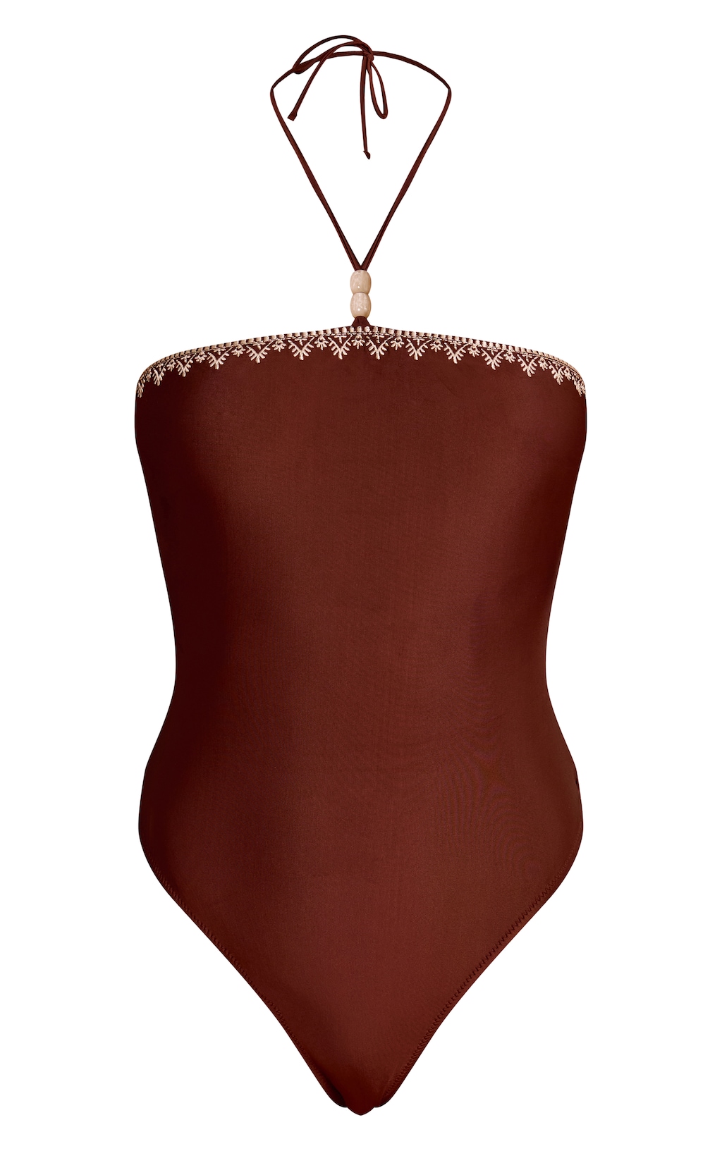 Chocolate Embroidered Bead Detail Halter Swimsuit | Swimwear | PLT