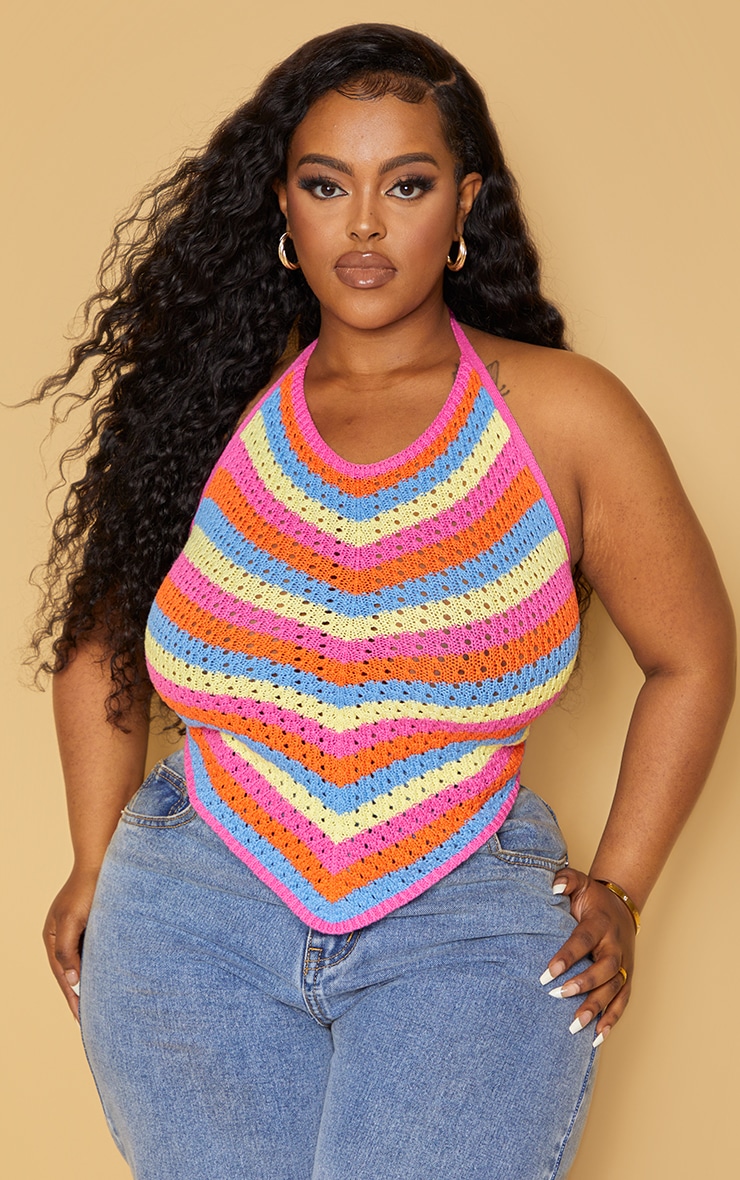 Plus Orange Stripe Halterneck Tie Back Crop Top | PLT