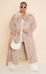 Plus Taupe Belted Faux Fur Coat | Plus Size | PrettyLittleThing AUS