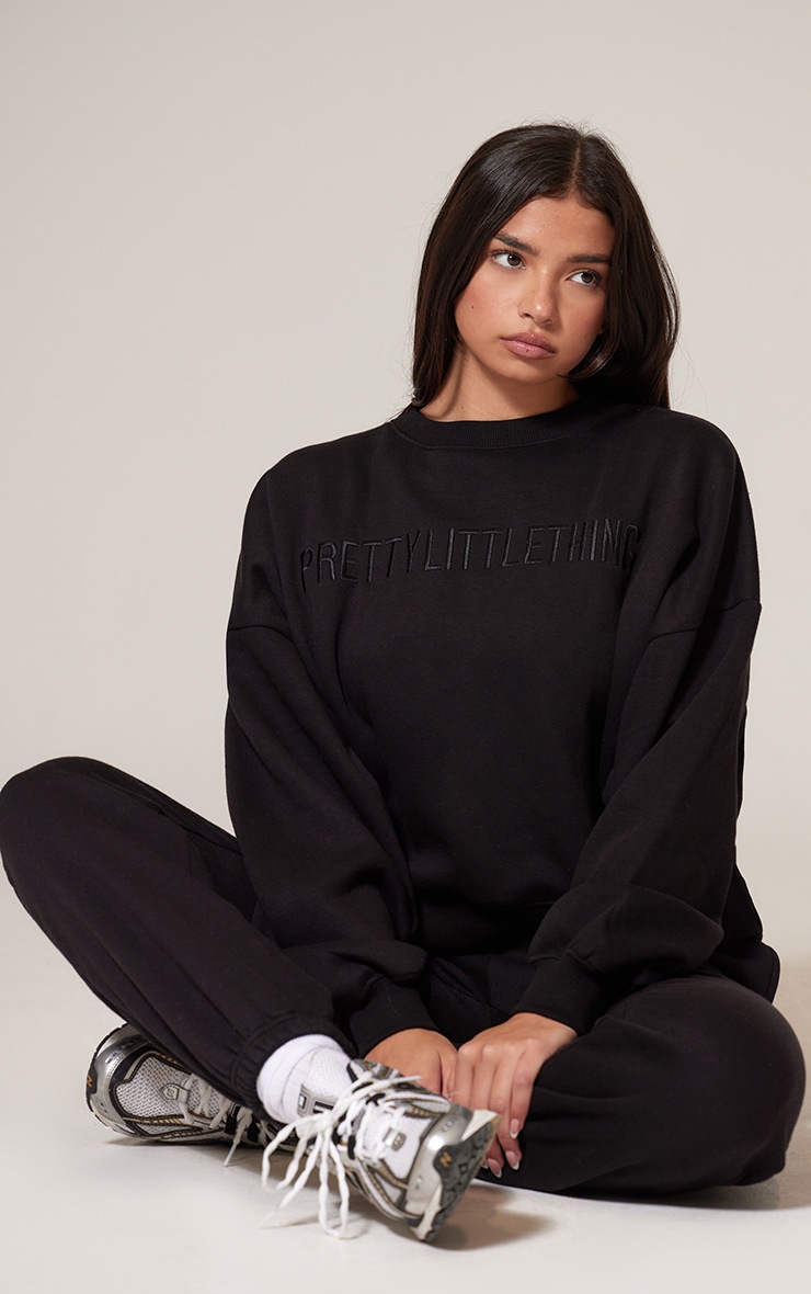 PLT Black Boxy Embroidered Sweatshirt | Athleisure | PrettyLittleThing AUS