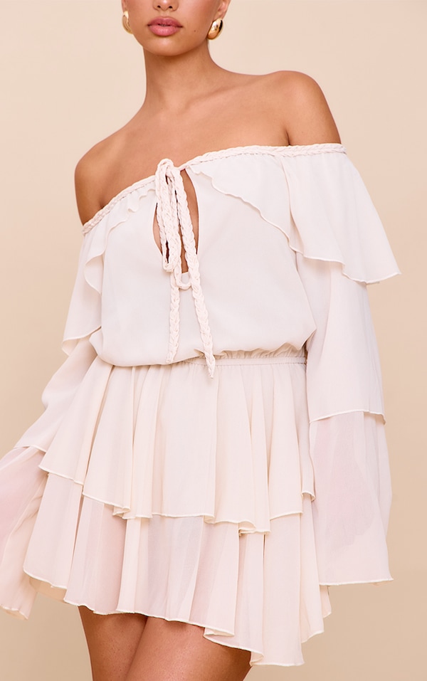 Cream Chiffon Ruffle Detail Long Sleeve Playsuit | Dresses | PLT