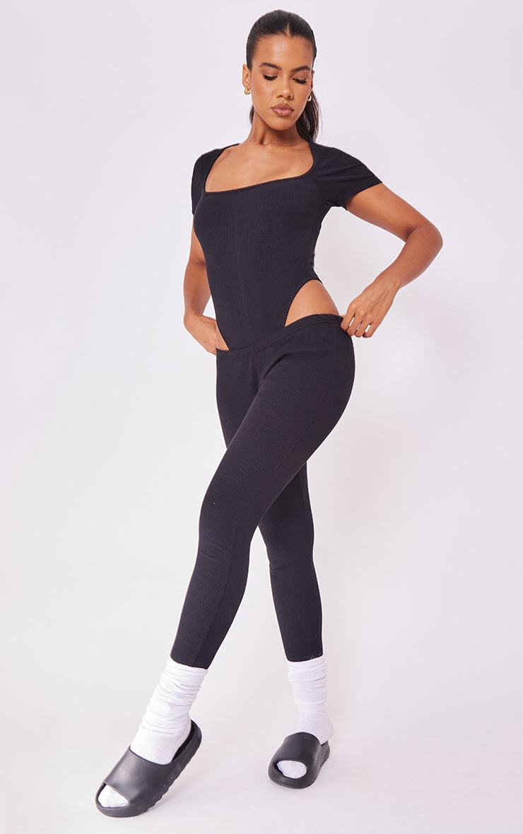 Black Rib Square Neck Bodysuit | Co-Ords | PrettyLittleThing