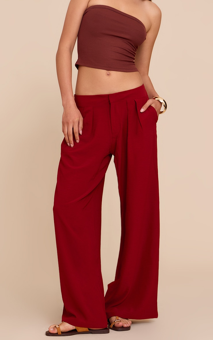Deep Red Floaty Woven Double Pleat Wide Leg Pants | Bottoms ...