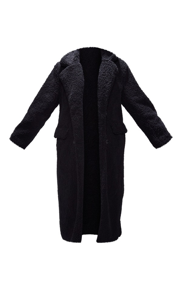 Black Premium Longline Borg Coat | Outerwear | PrettyLittleThing UAE