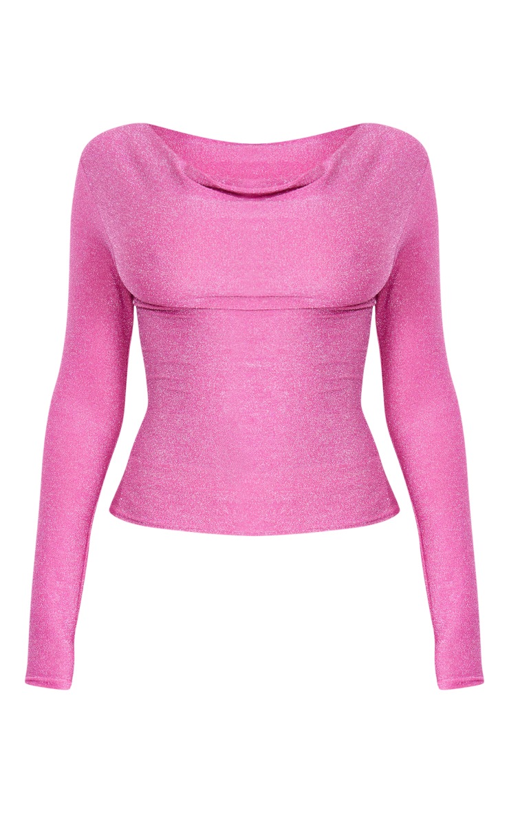 Pink Glitter Cowl Neck Long Sleeve Top | Tops | PrettyLittleThing USA