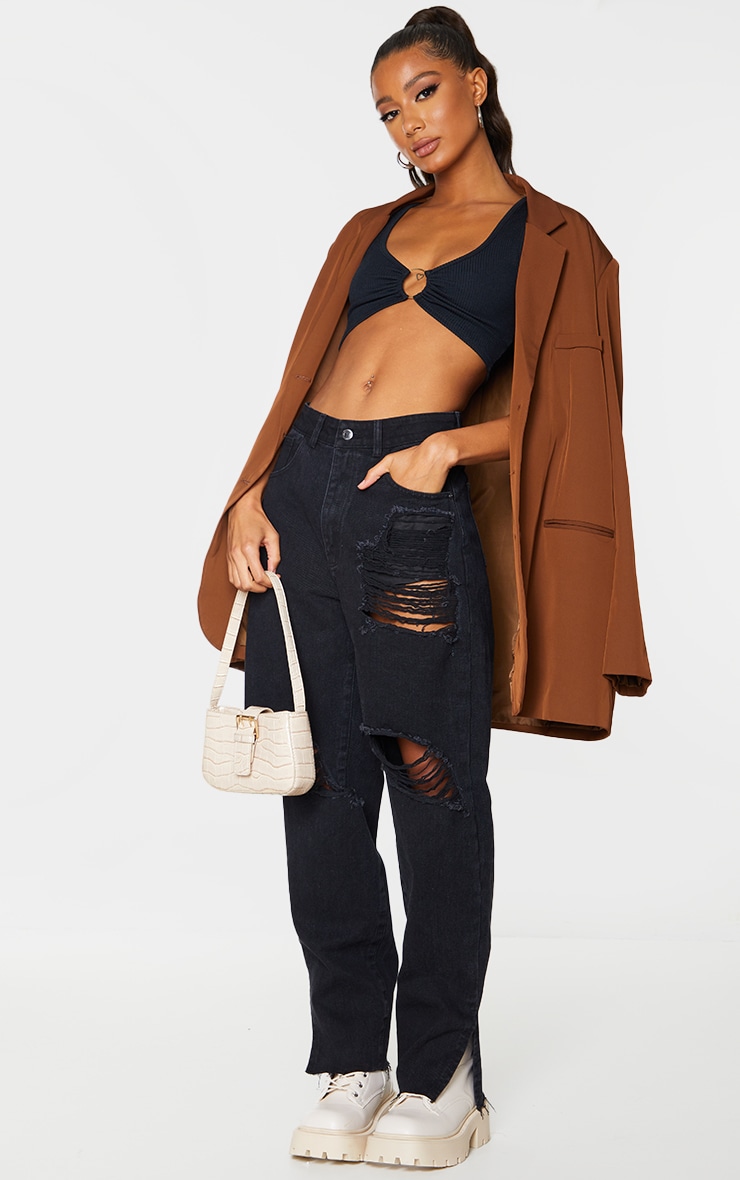 Black Crinkle Rib Circle Ring Crop Top | Tops | PrettyLittleThing AUS