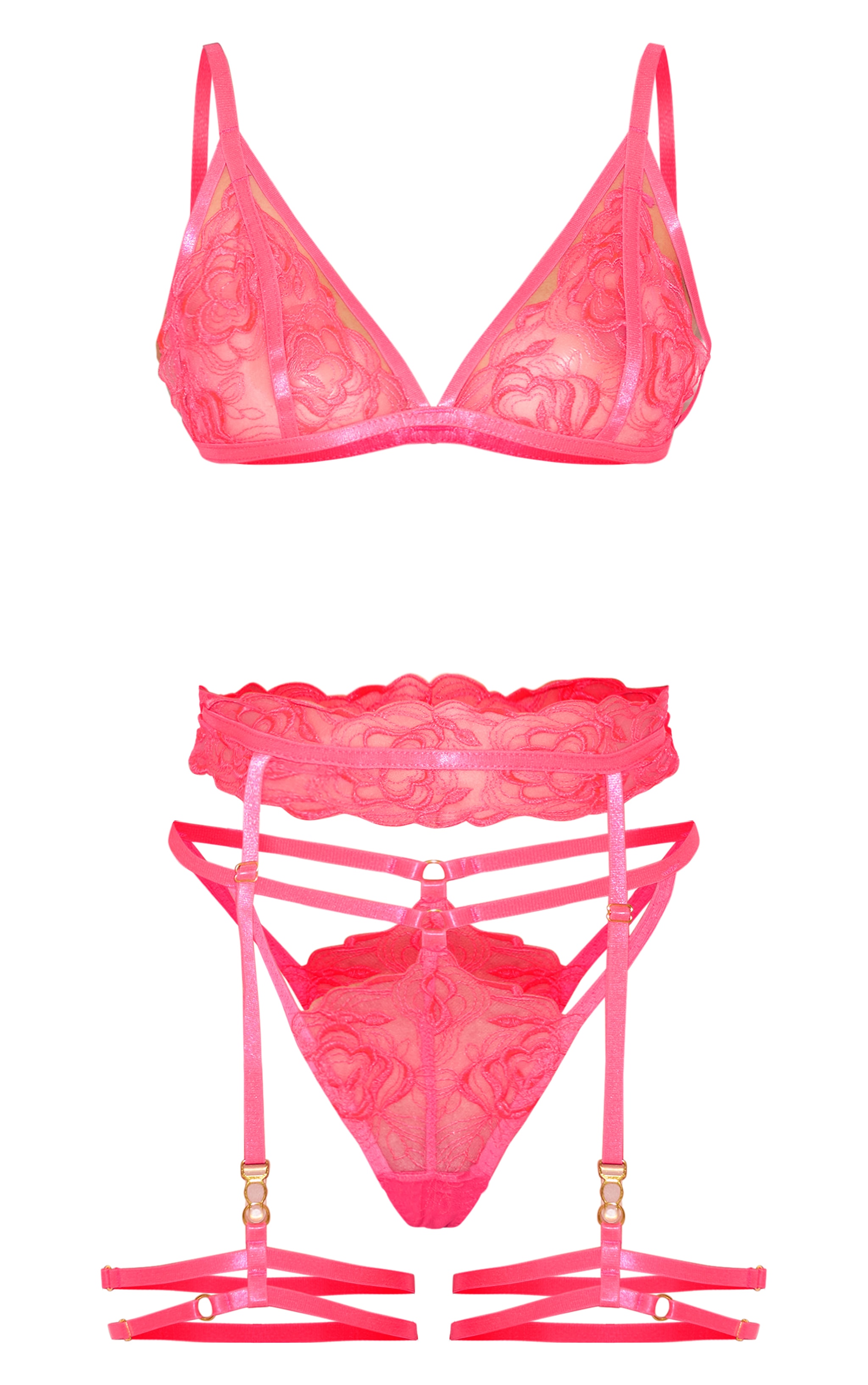 Hot Pink Floral Embroidered Harness 3 Piece Lingerie Set Lingerie And Nightwear Prettylittlething