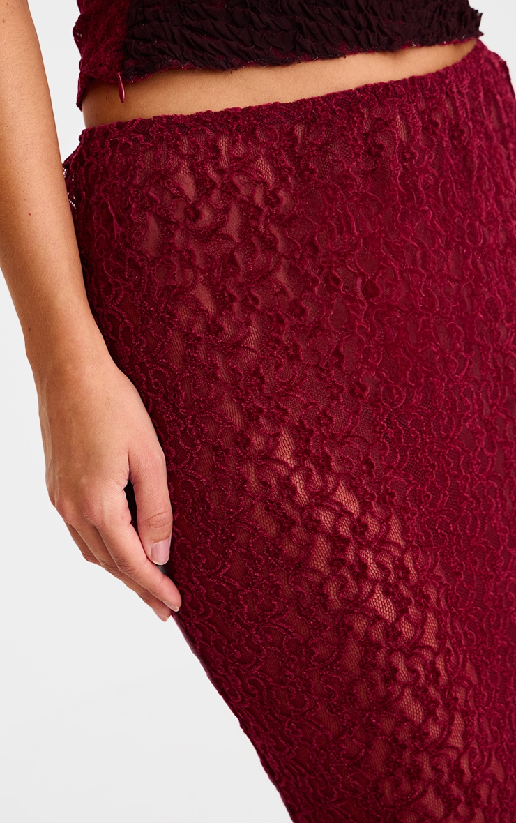 Burgundy Textured Lace Maxi Skirt Bottoms PrettyLittleThing